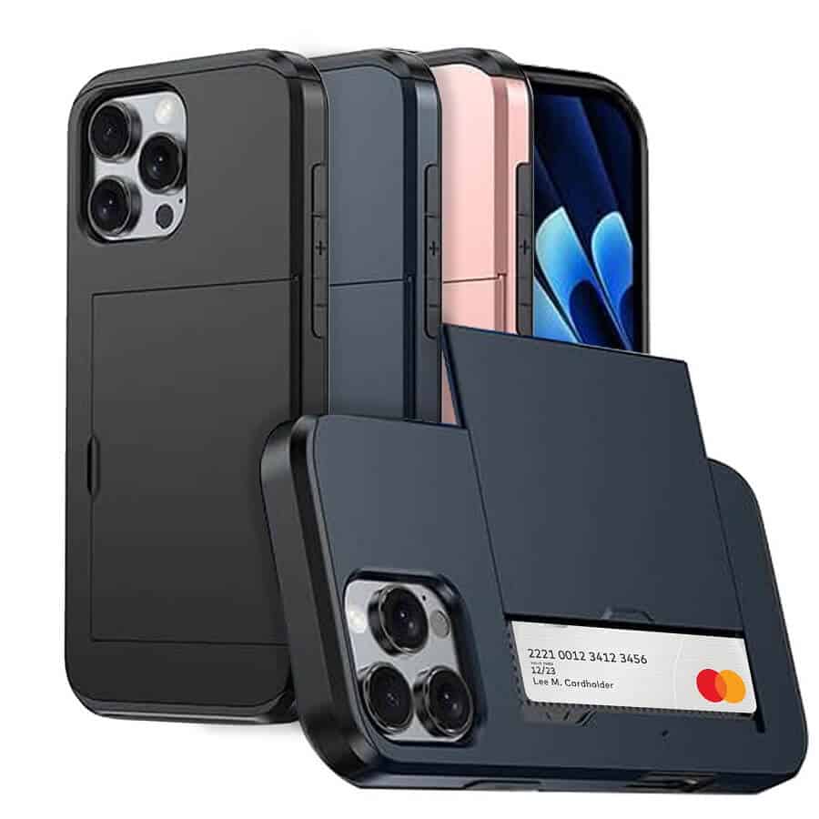 For iPhone Slide Armor Card Holder Wallet Protective Shockproof Hard D ...